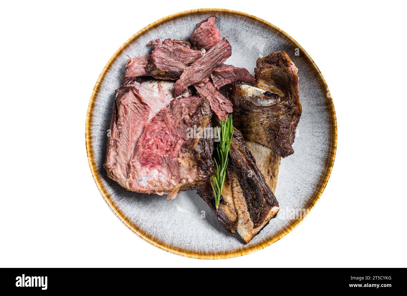 Roasted veal beef short ribs in plate with rosemary. Isolated on white ...