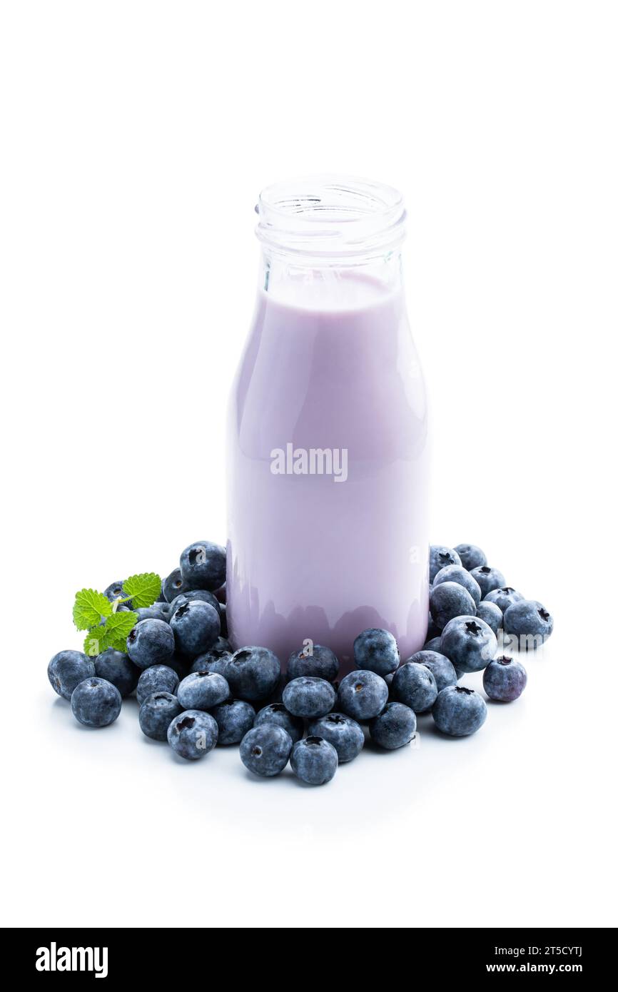 Fresh natural homemade organic drink yogurt with blueberry in a glass ...