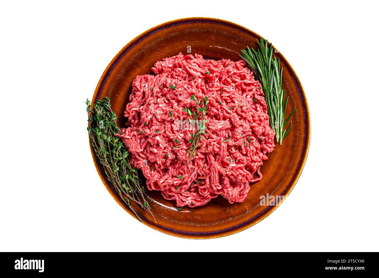 Raw mince beef and lamb meat on a rustic plate with herbs. Isolated on ...