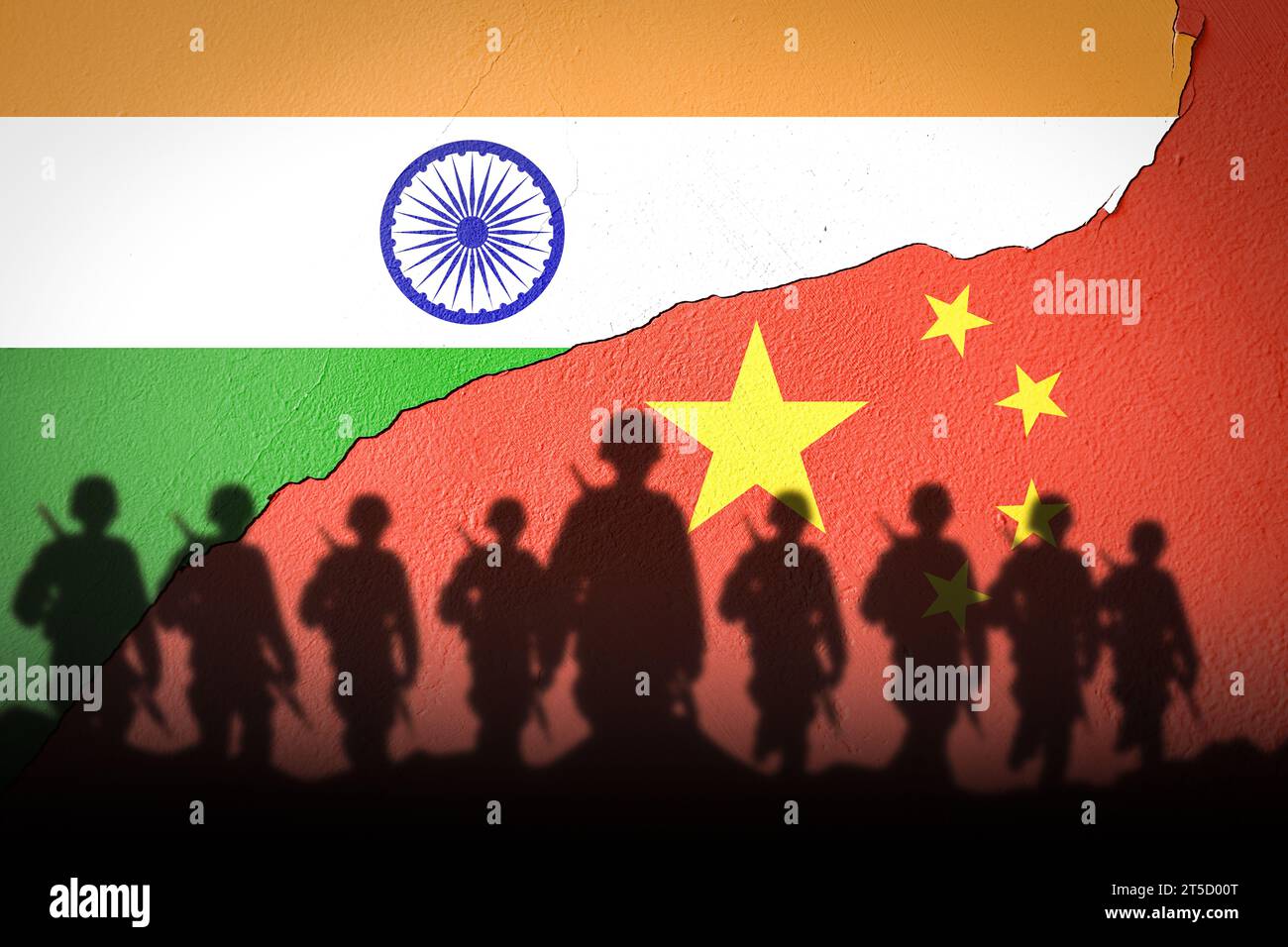 China and India flags painted on a concrete wall with soldiers shadow ...