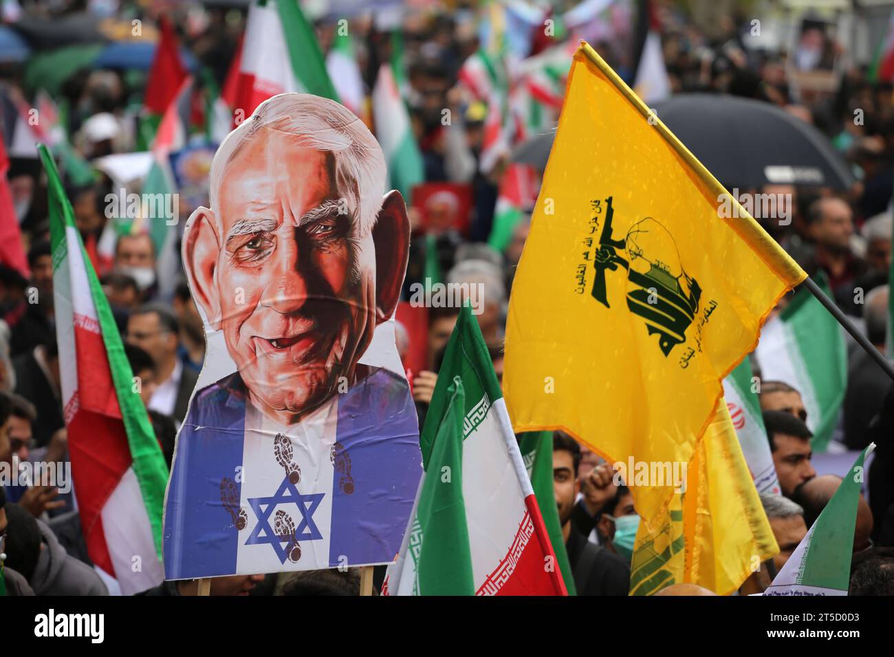 Tehran, Iran. 4th Nov, 2023. Iranian Demonstrators hold a caricature of Prime Minister of Israel ...