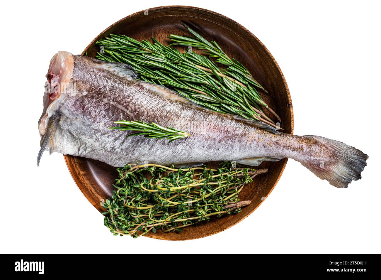 Raw cod or codfish fish in wooden plate with herbs. Isolated on white ...