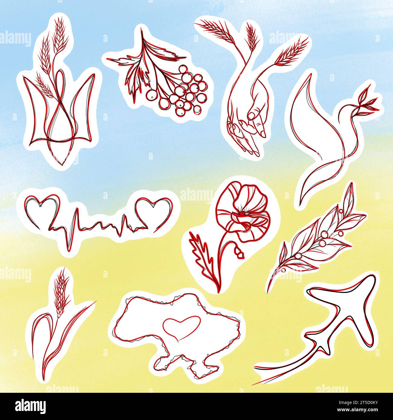 Large set of line art patriotic stickers. Ukrainian stickers. Stop the ...