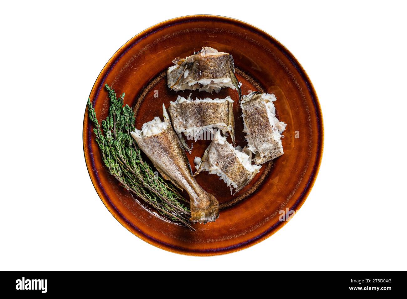 Baked cod white fish in a plate. Isolated on white background Stock ...