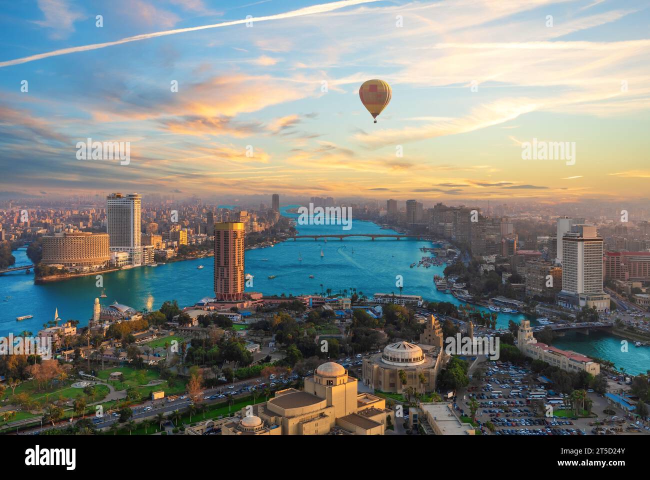 Skyline view on Cairo at sunset, the skyscrappers and the bridges ...