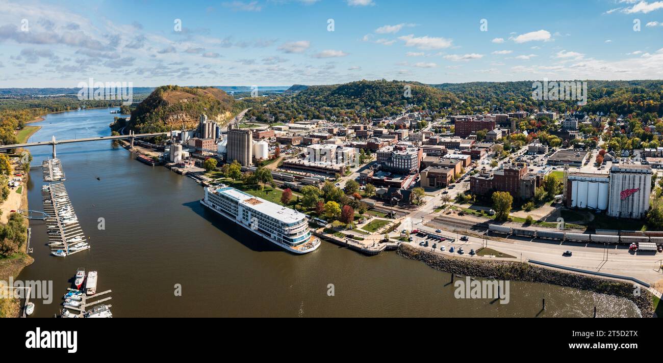 Red Wing, MN - 15 October 2023: Panoramic aerial view of the town in ...