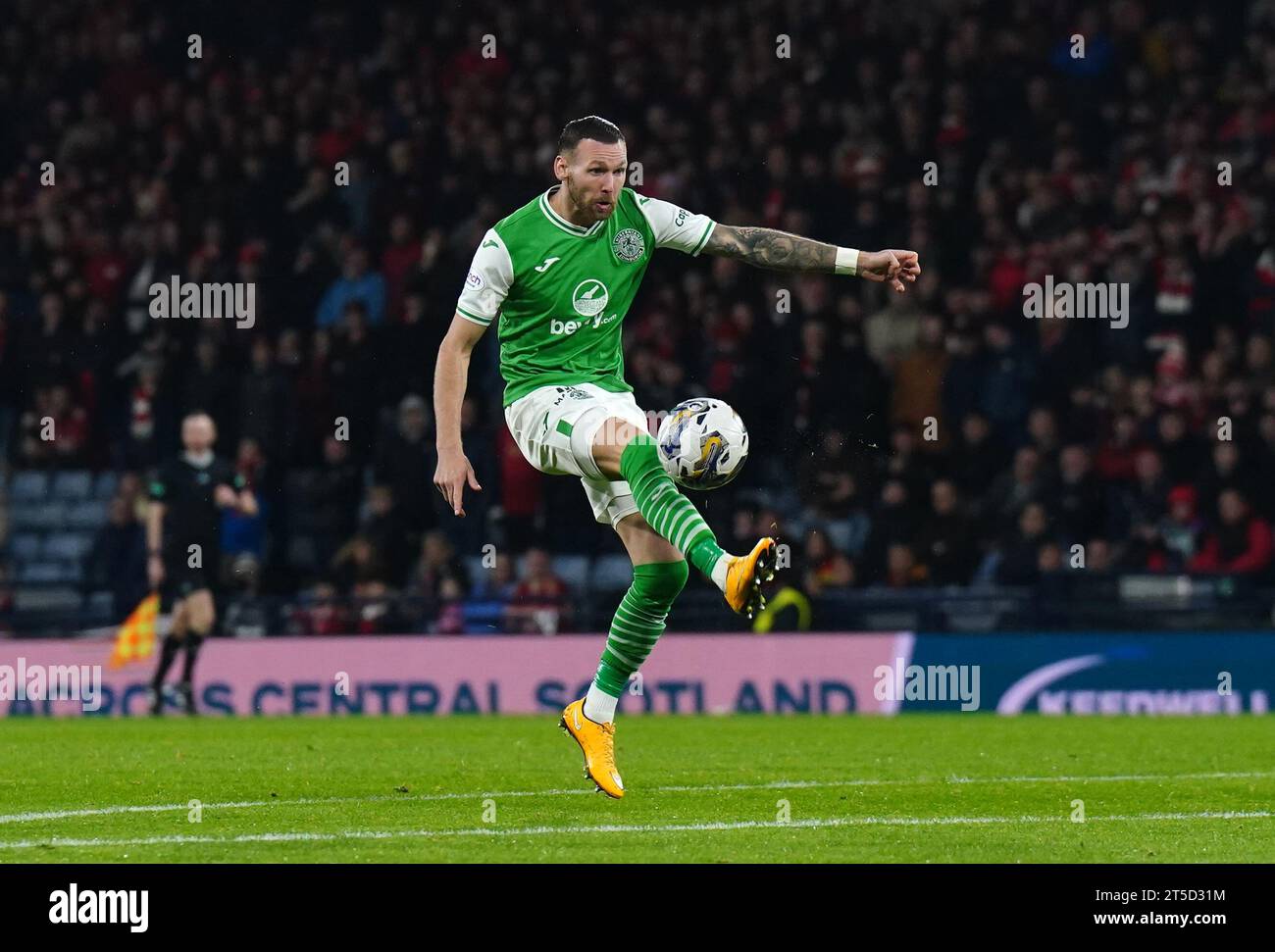 Hibernian's Martin Boyle scores a goal disallowed for being offside during the Viaplay Cup semi ...