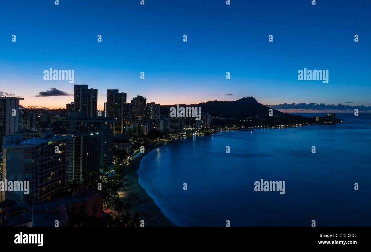 Scenic aerial panoramic Waikiki Beach vista at sunrise, Honolulu, Oahu ...