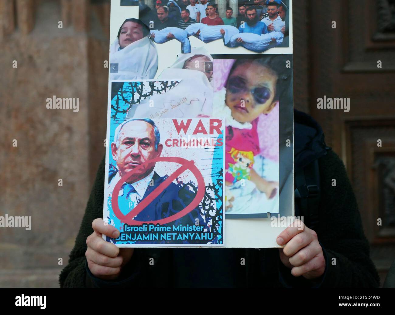 Demonstration Palestine activist banner Benjamin Netanyahu prime ...