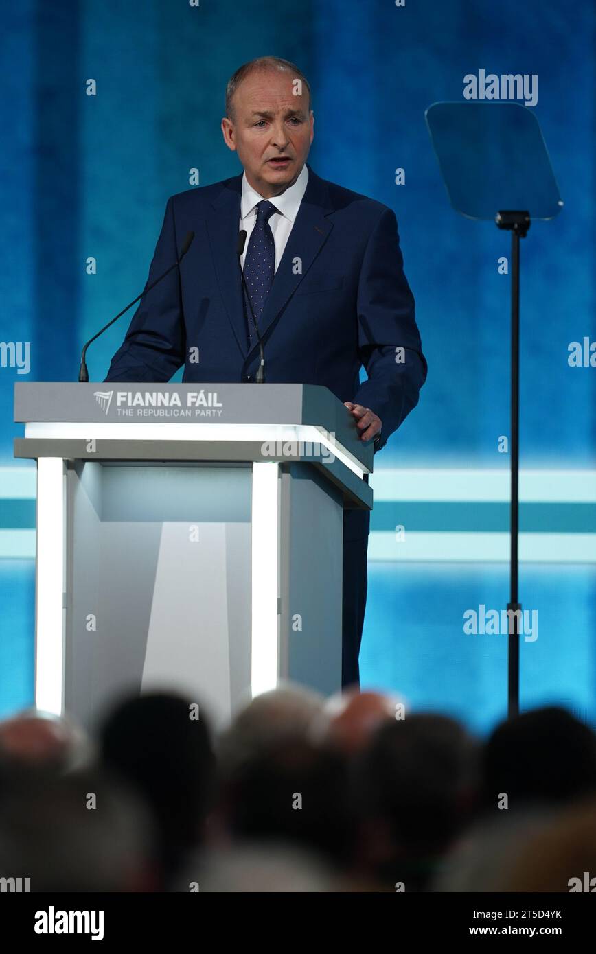Party leader Micheal Martin addresses the Fianna Fail annual conference at the Dublin Royal ...