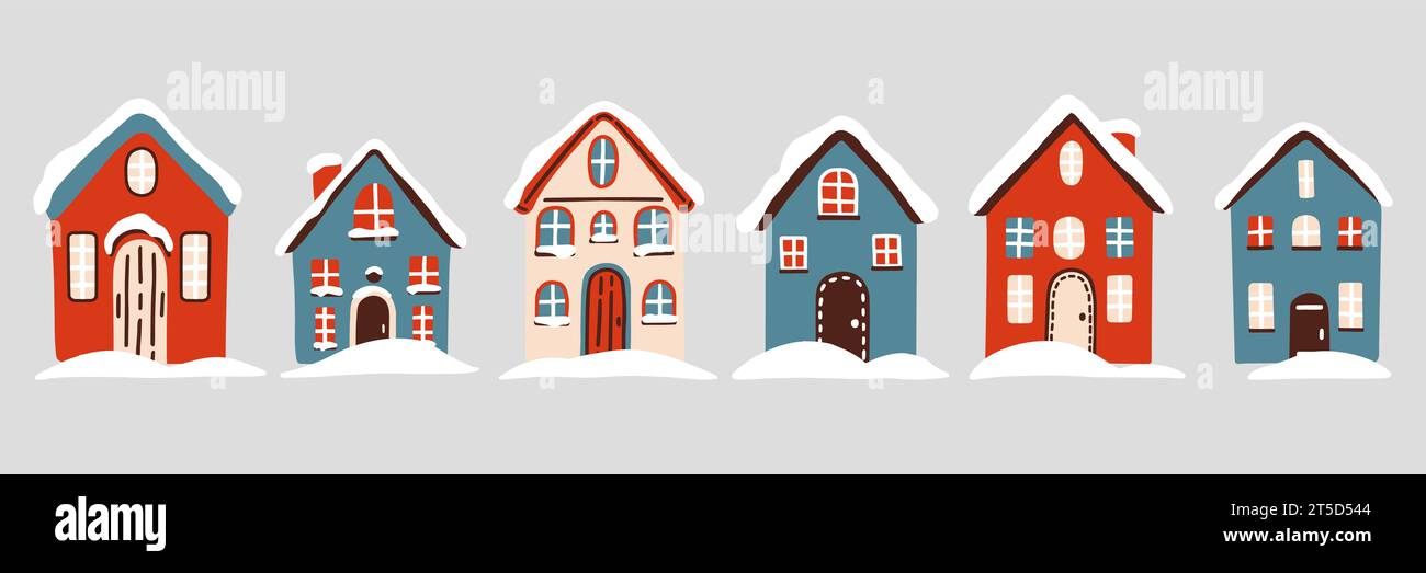 Winter houses set in Scandinavian simple retro style. Vintage hand ...