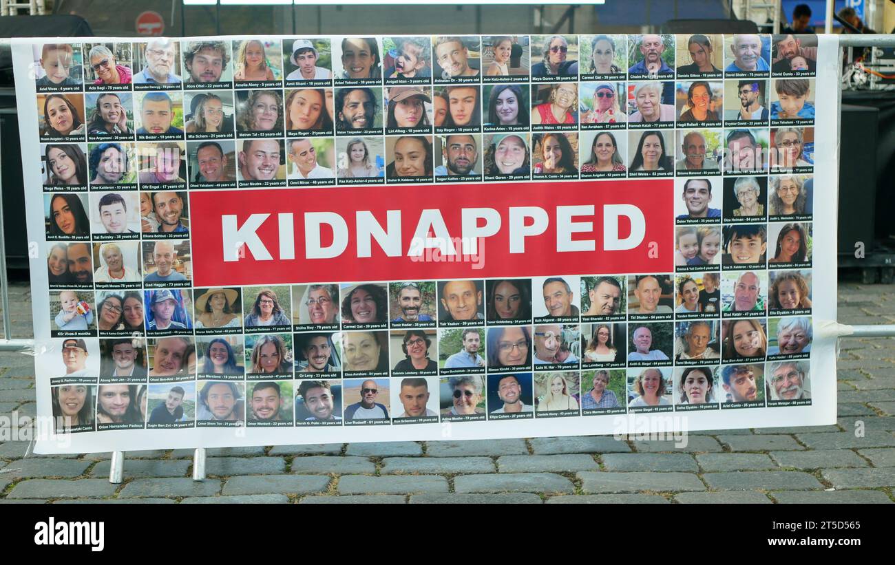 Demonstration Israel activist banner face people against kidnapping ...