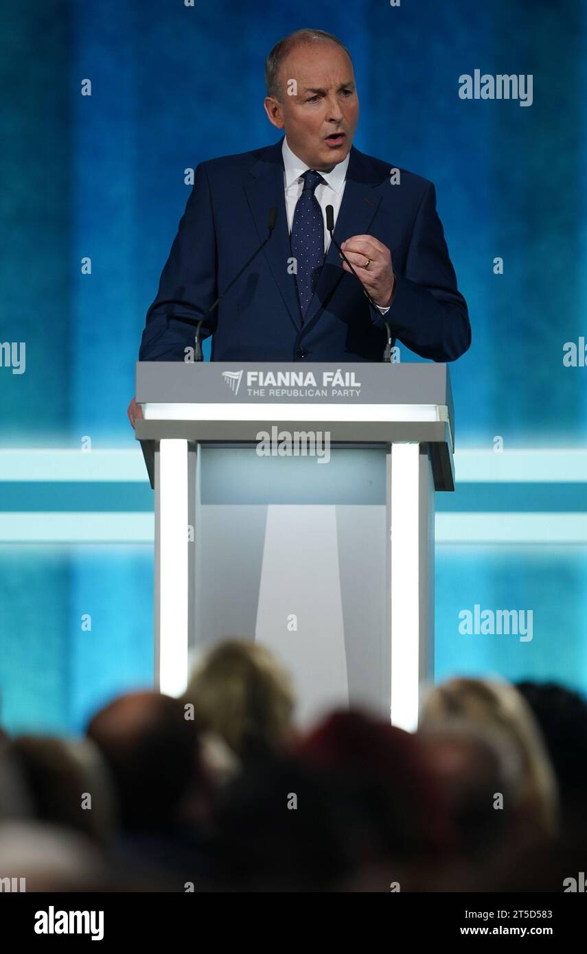 Party leader Micheal Martin addresses the Fianna Fail annual conference at the Dublin Royal ...