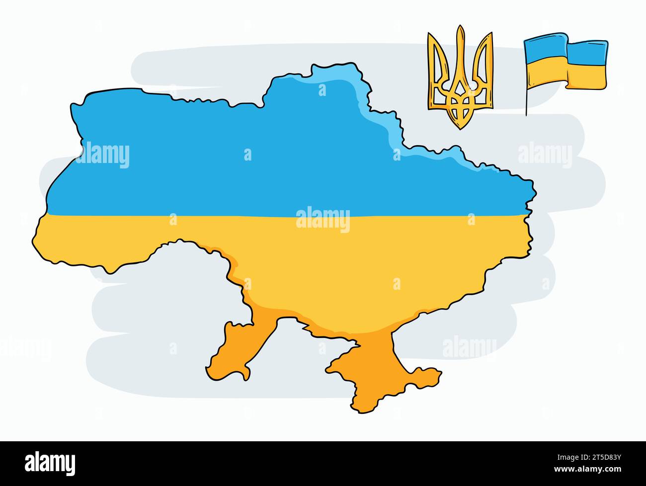 Bright vector illustration of Ukraine map with national symbols: yellow ...