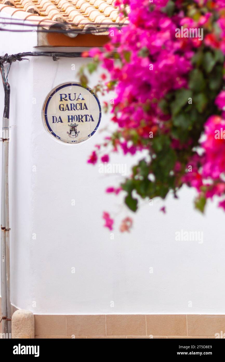 Traditional street sign in Portuguese town of Loule. Rua Garcie da ...