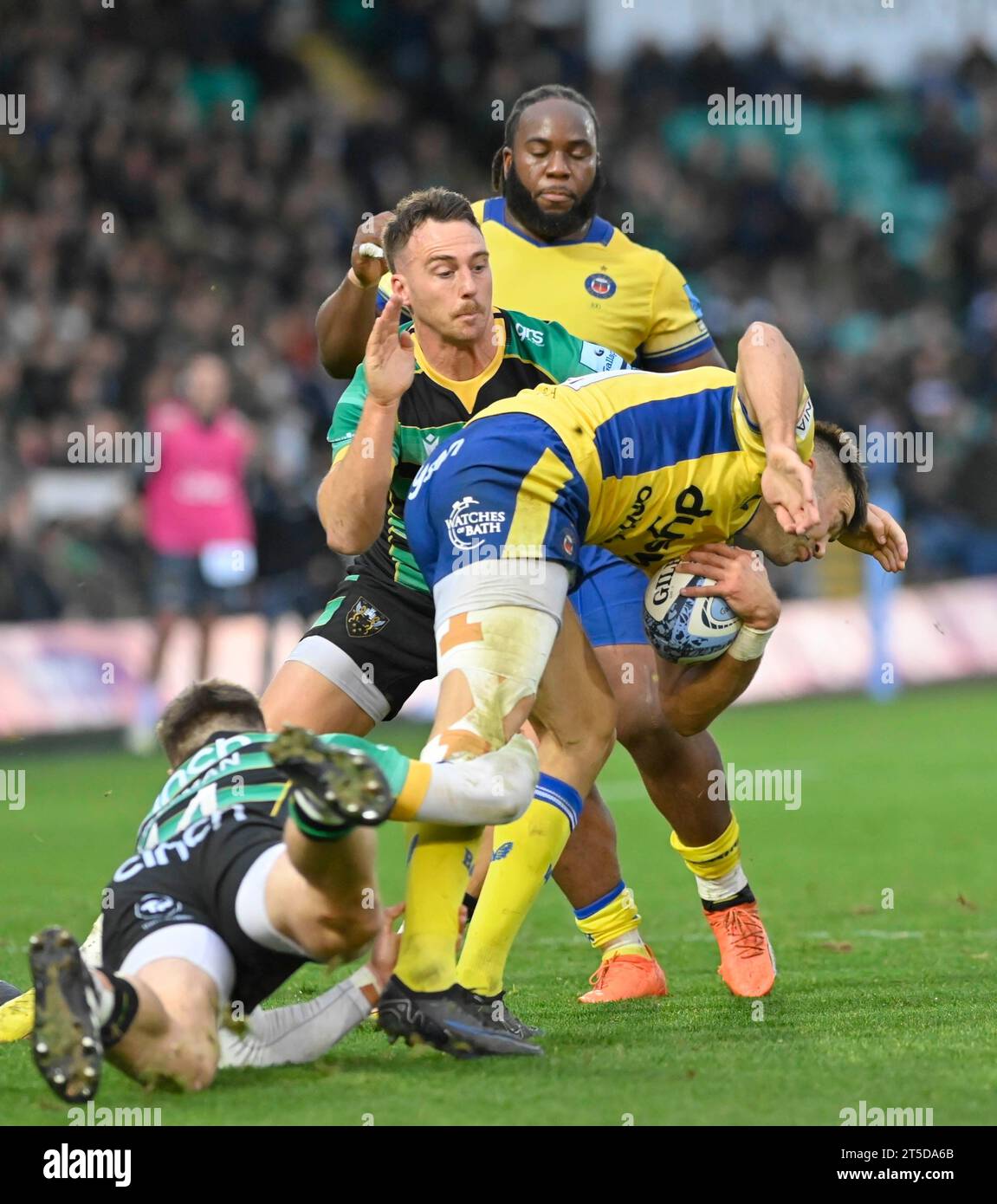 Northampton ENGLAND - Nov 4 2023 : Will Muir of Bath Rugby is tackled ...