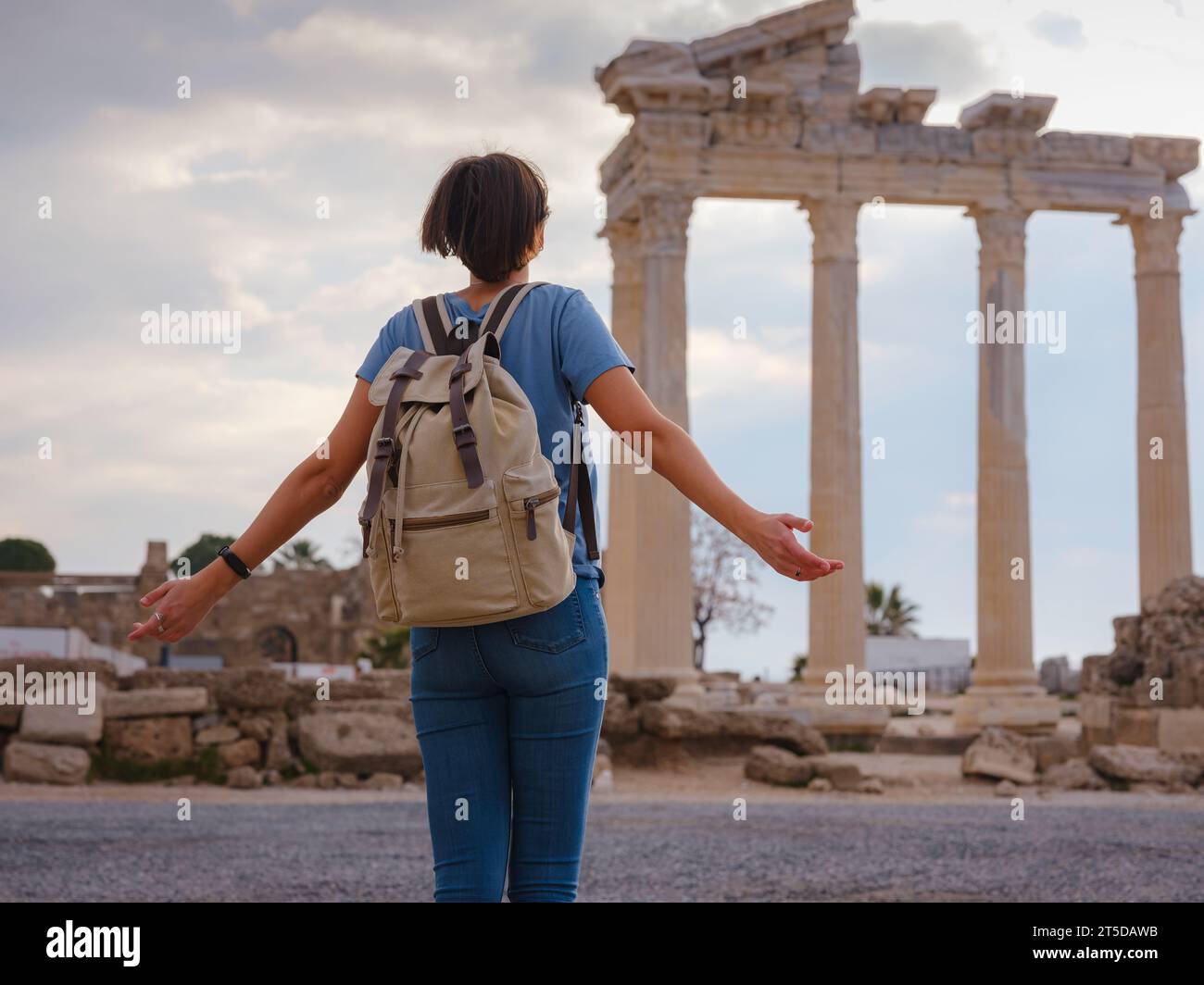 travel to ancient city of Side, Antalya coast of Turkey in tourist low ...