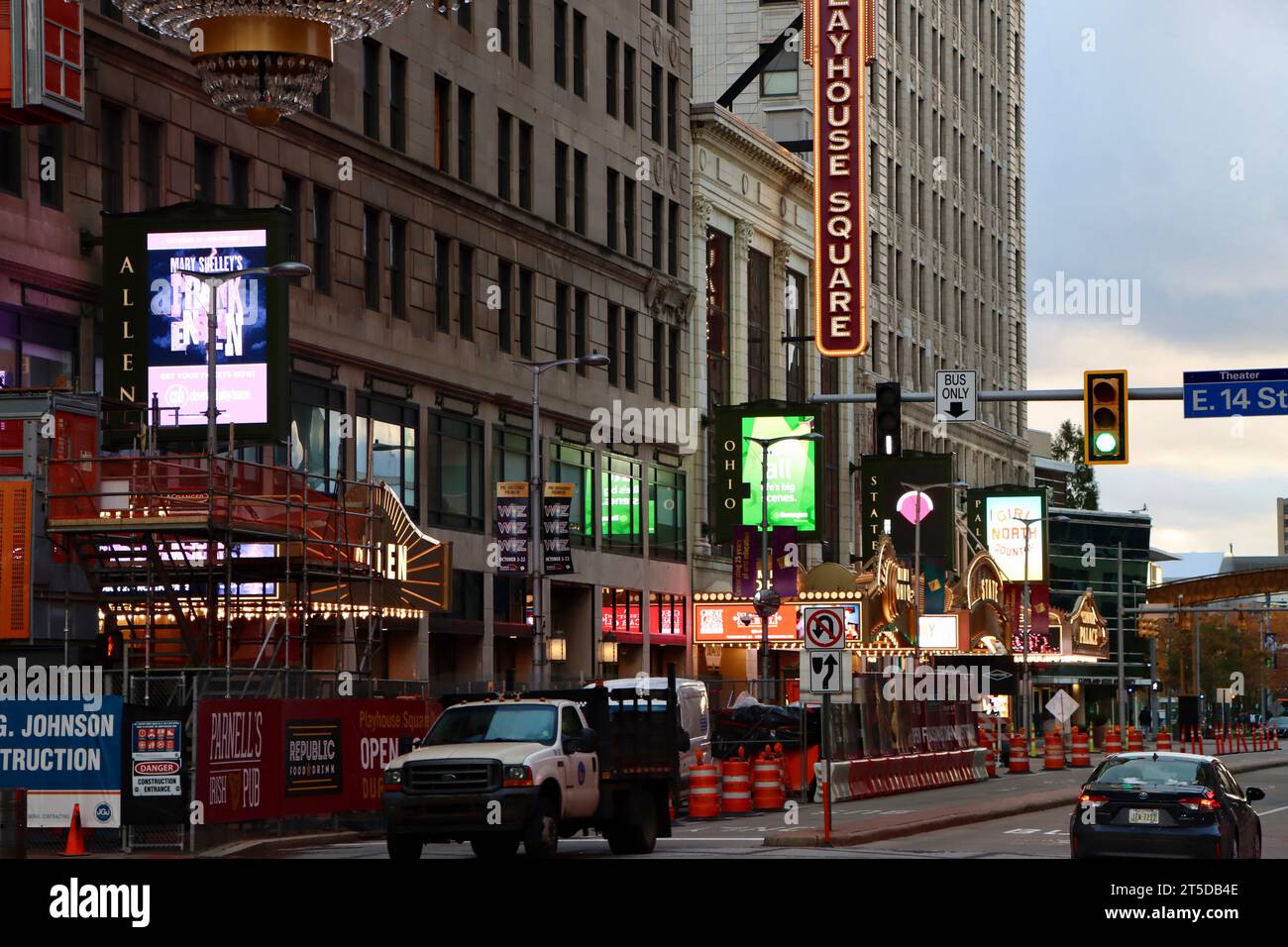 Cleveland theater district, the Playhouse square in early morning in ...