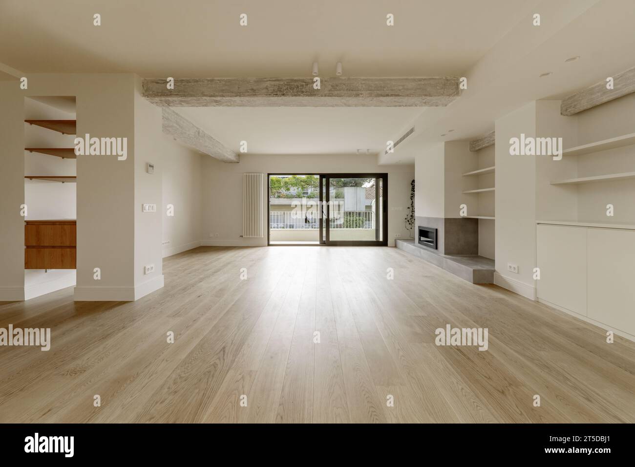 Large empty living room with custom wooden shelving on the walls ...