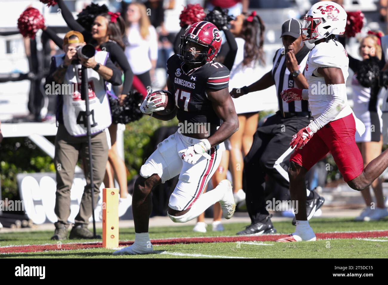 South Carolina wide receiver Xavier Legette (17) runs past Jacksonville State cornerback Kekoura ...