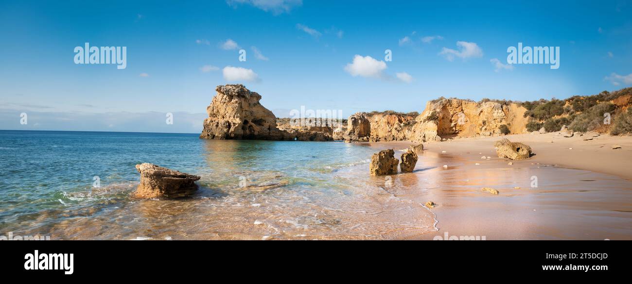 Golden beaches of Albufeira, Portugal, panoramic banner image Stock ...