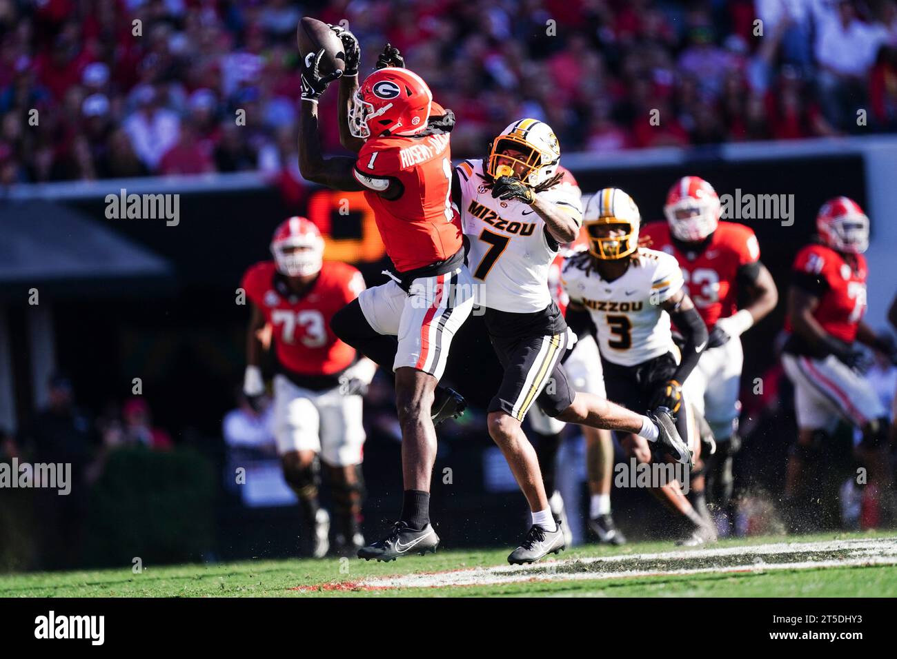 Georgia wide receiver Marcus Rosemy-Jacksaint (1) makes a catch as Missouri defensive back Kris ...
