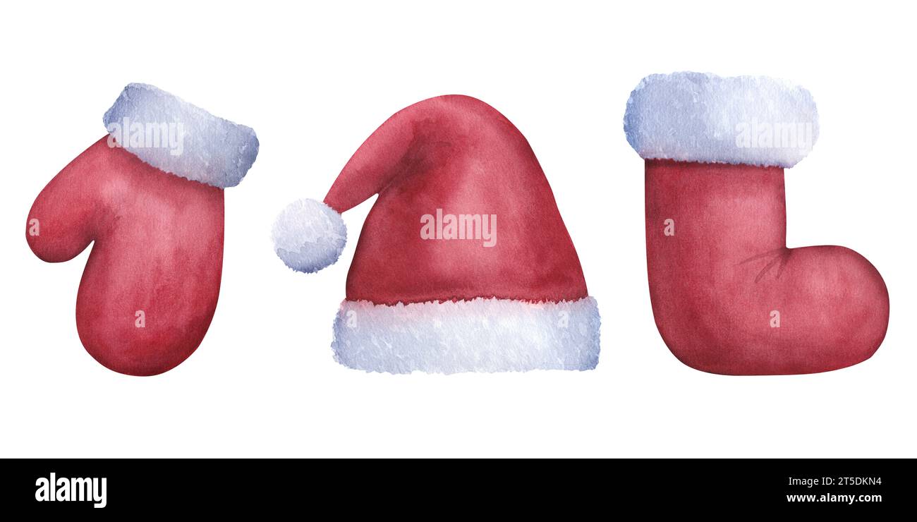 Christmas set, red mitten hat sock. Santa Claus clothes. Happy New Year ...