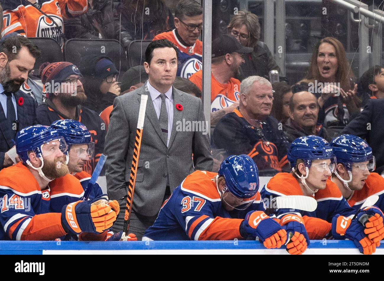 Edmonton Oilers head coach Jay Woodcroft watches from the bench during ...