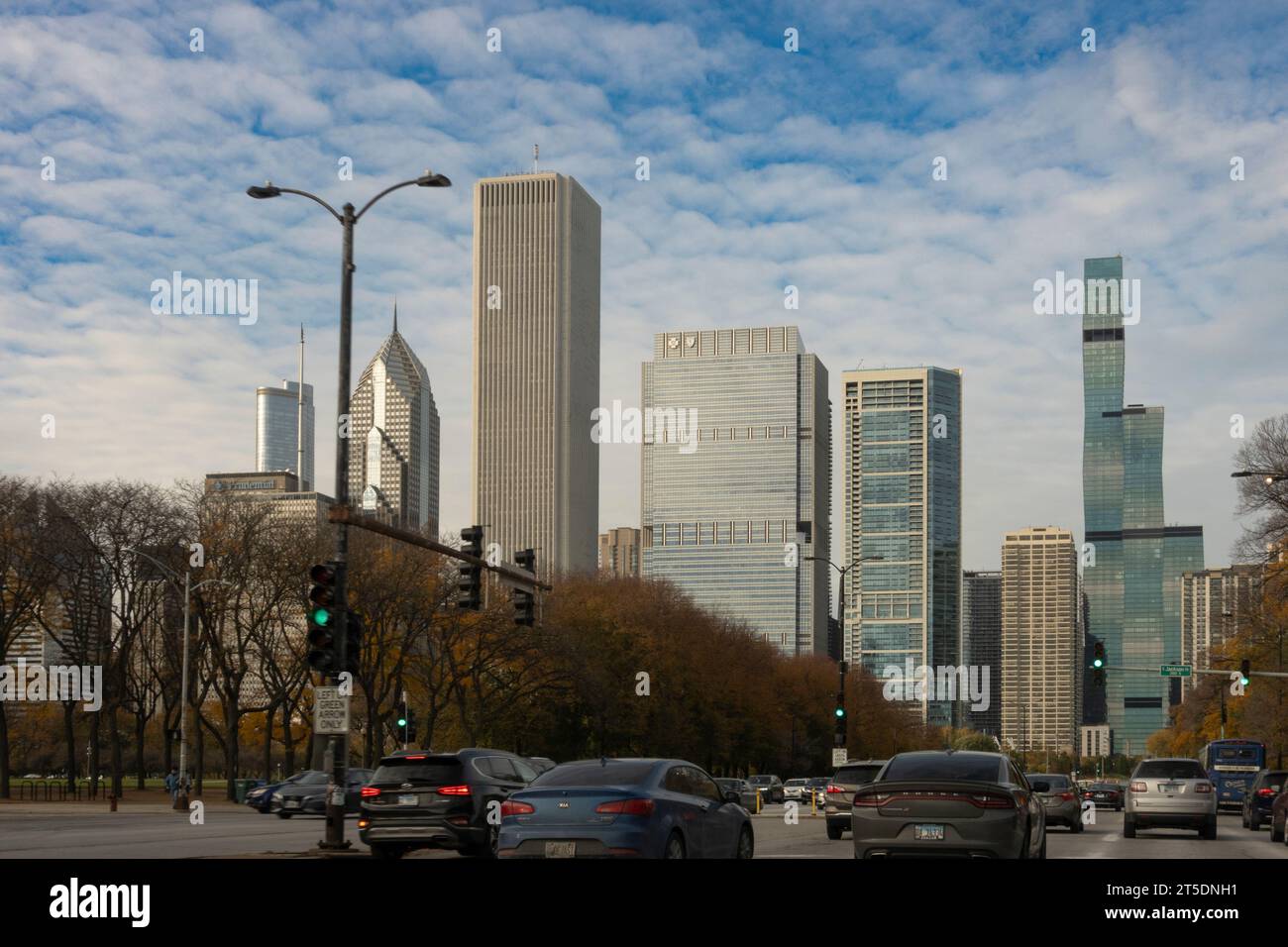 Highrise buildings seen from the road, Chicago, Illinois Stock Photo ...