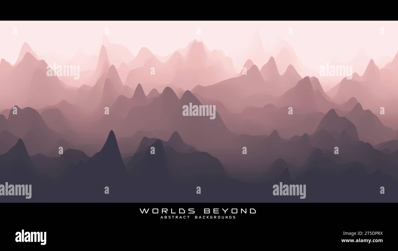 Abstract reddish landscape with misty fog till horizon over mountain ...