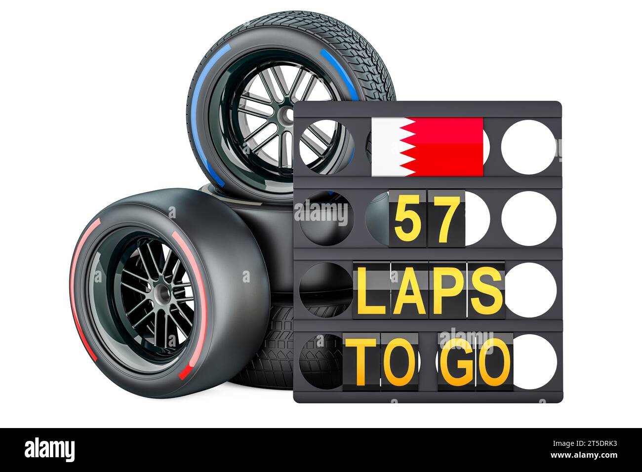 Bahraini racing, pit board with flag of Bahrain and racing wheels with ...