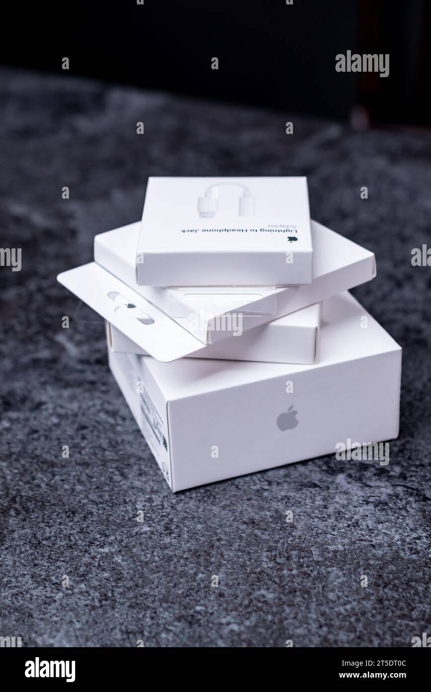 Jurmala, Latvia - 21 09 2023: Four white boxes from Apple devices are ...