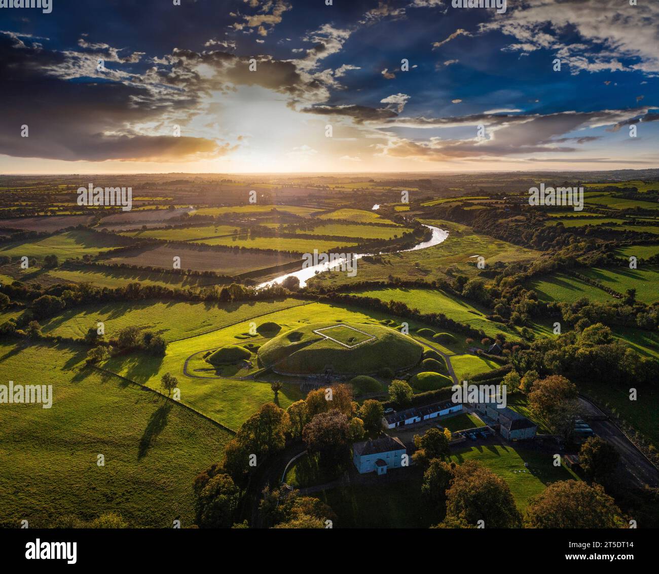Aerial photograph at sunset of Knowth on the River Boyne, Bru Na Boinne ...
