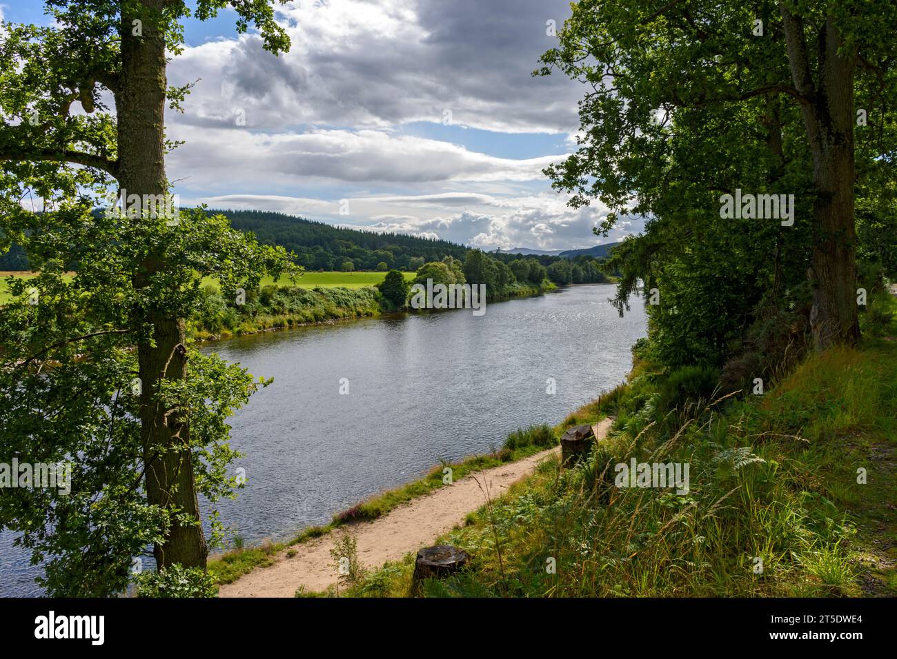 Riverside footpath alongside the river Dee at Banchory, Aberdeenshire ...
