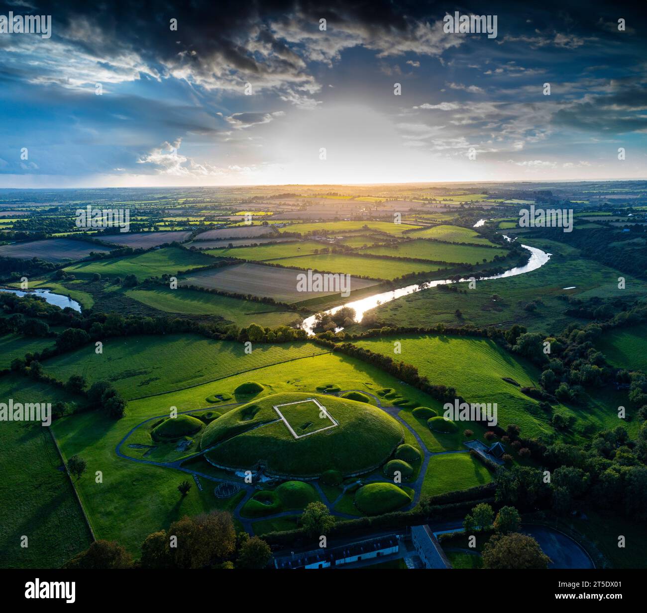 Aerial photograph at sunset of Knowth on the River Boyne, Bru Na Boinne ...