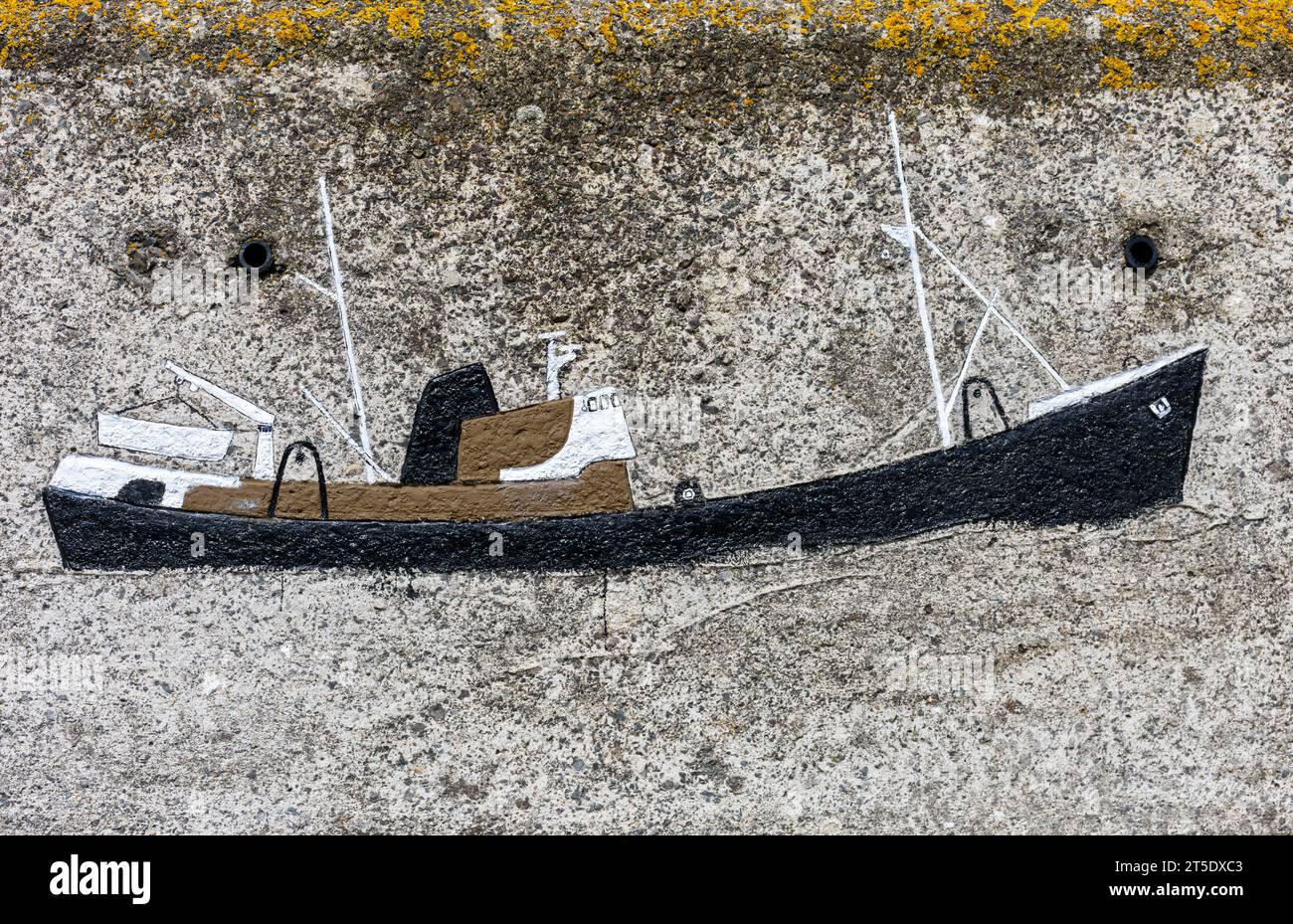 A newly re-touched painting, by Derry Ross, of a boat, on the harbour ...