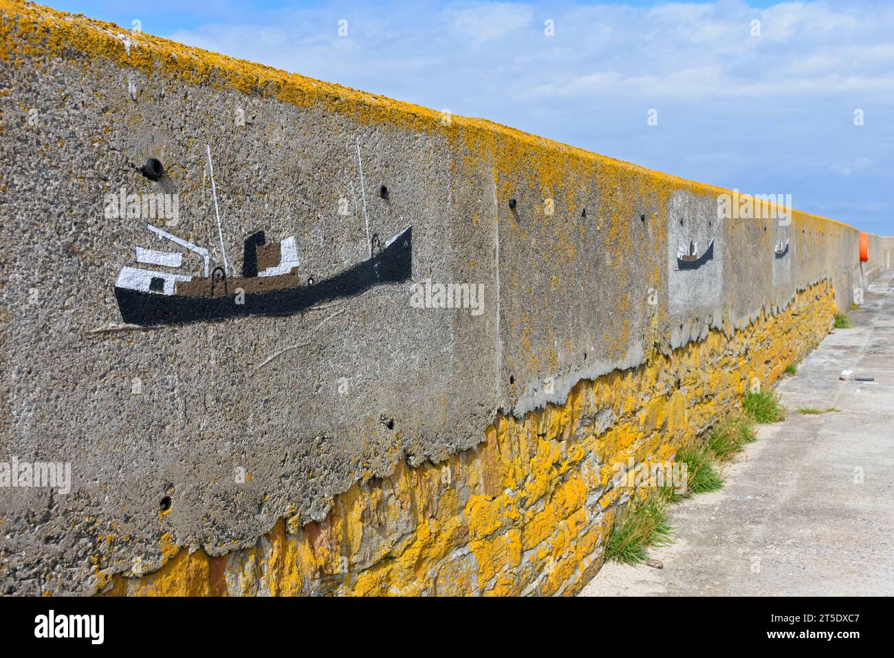 Newly re-touched paintings, by Derry Ross, of a boat, on the harbour ...