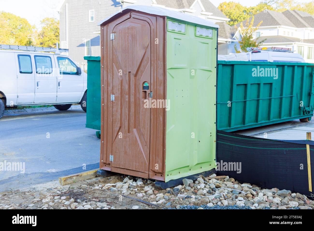 During construction of home portable temporary toilet is placed on ...