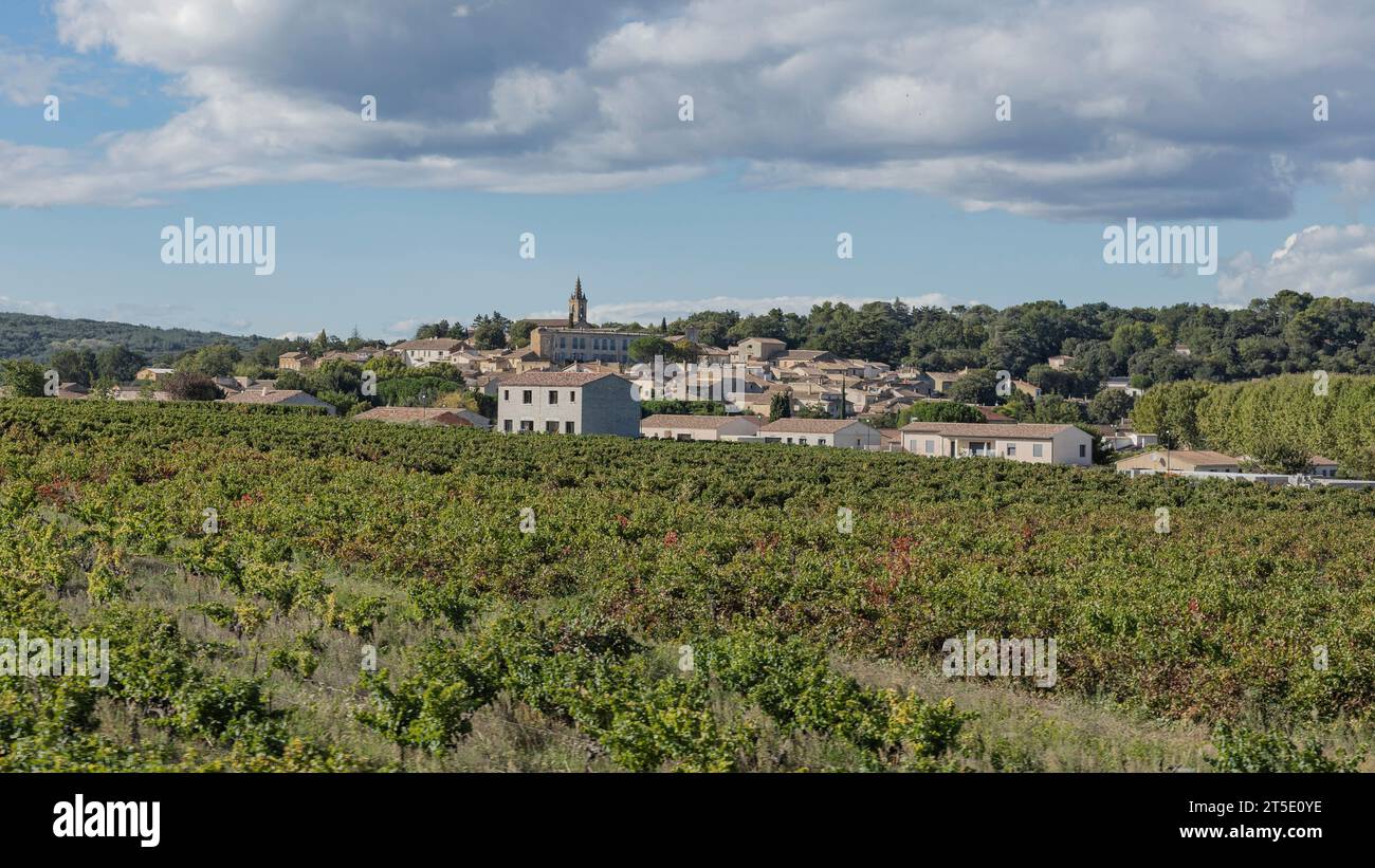The vineyards of Southern Rhone Valley in France with a small town in ...