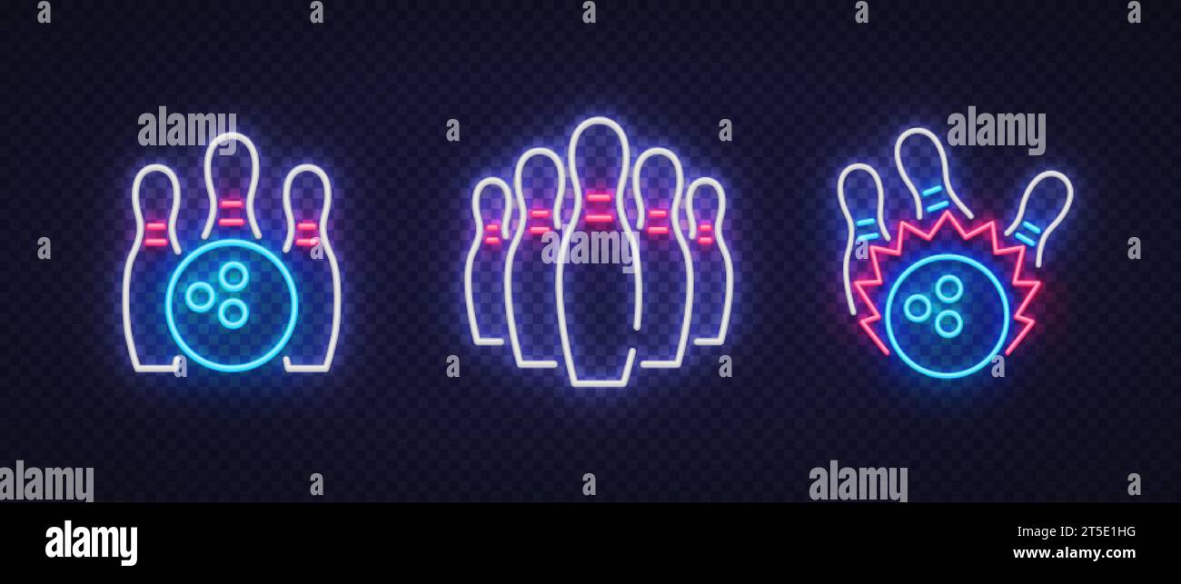 Bowling neon icon set on light background. Vector illustration Stock ...
