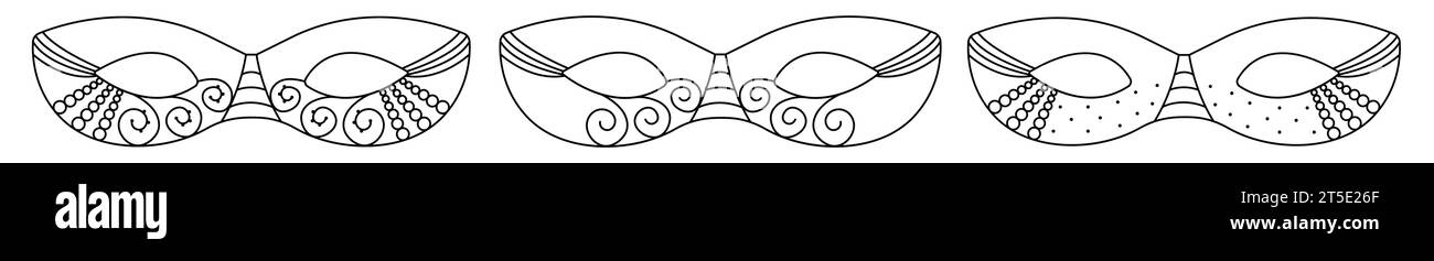 Monochrome masquerade masks set, black line vector illustration ...