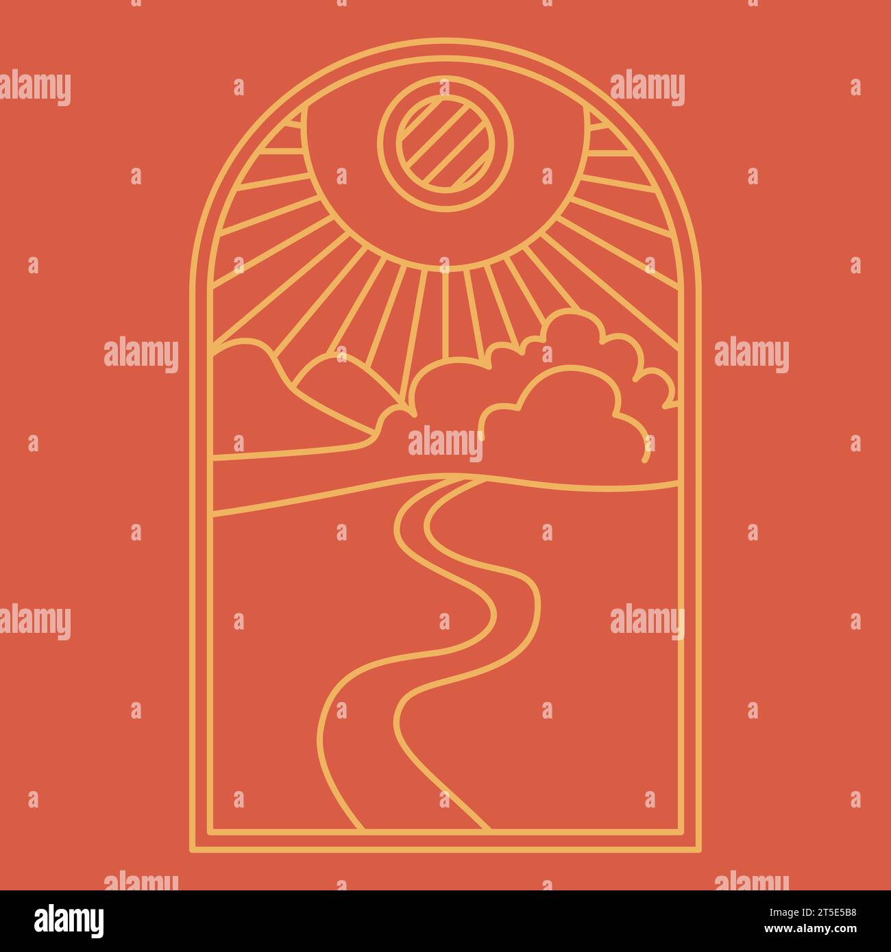 Idyllic landscape orange boho logo. Field, river, bushes, sun, sky ...