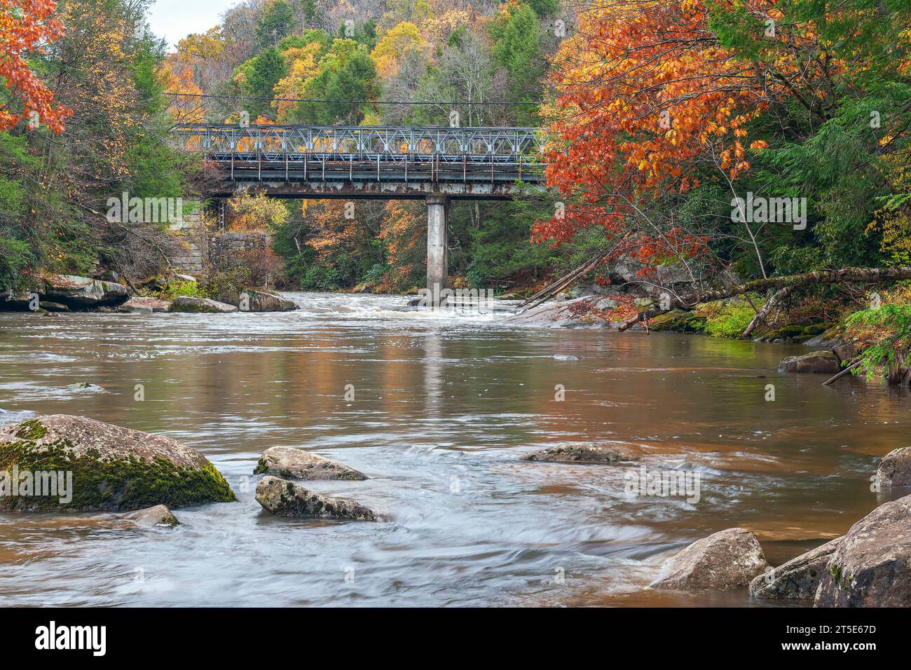 Rainy autumn landscape with a river, fall foliage trees and a railway ...