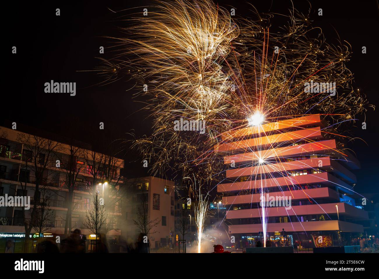 Fireworks over one of the residential districts of the Polish capital ...