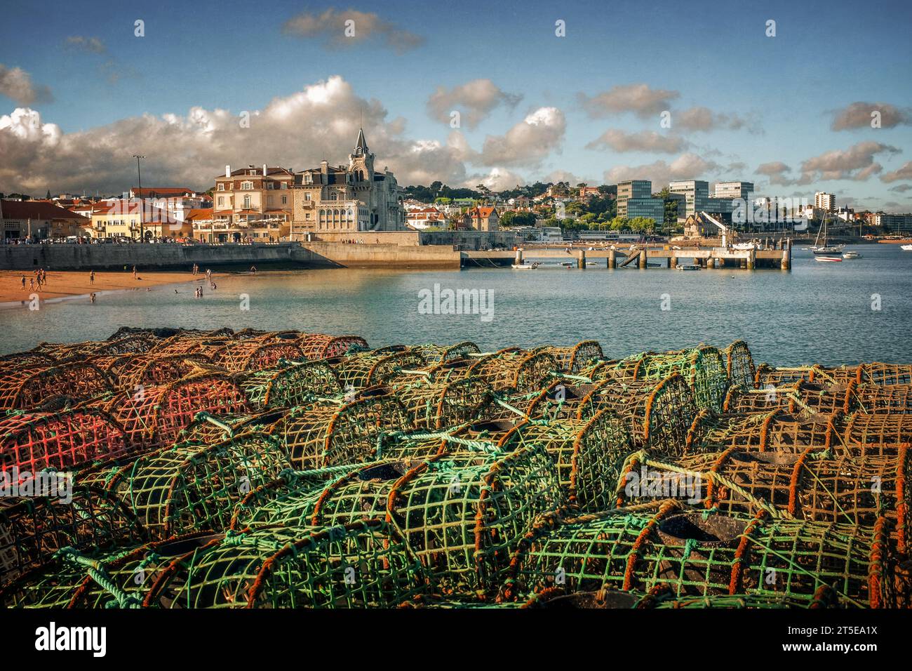 Natural landscape of Cascais Bay, Portugal, with piles of fishing traps ...