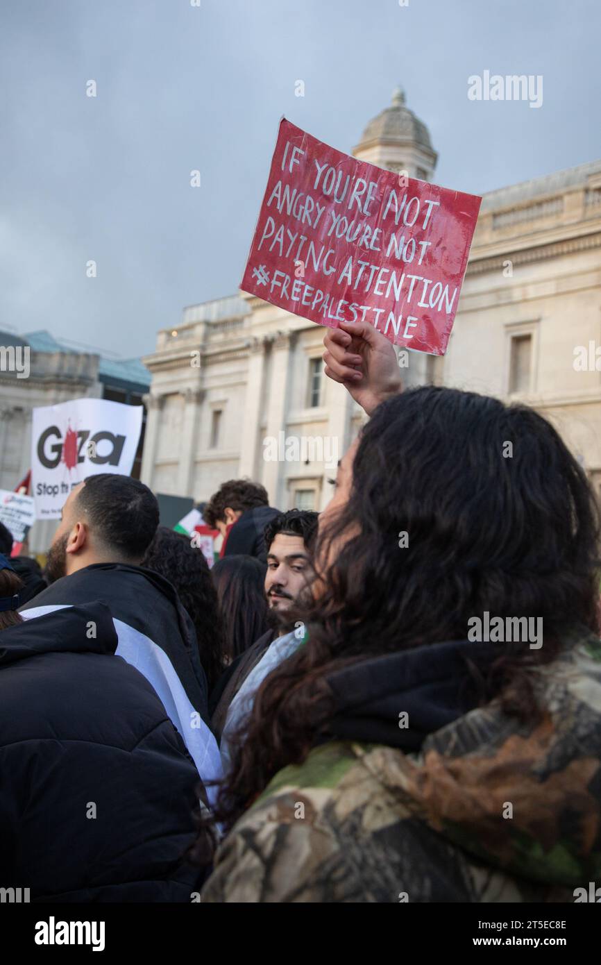 London, UK. 4th Nov, 2023. A young woman holds up a protest sign in ...