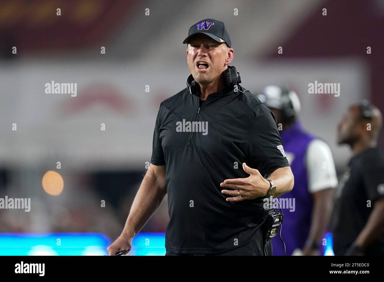 Washington coach Kalen DeBoer reacts during the first half of the team ...