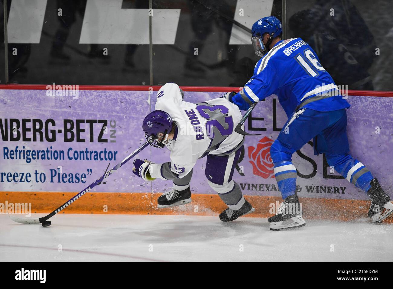 Niagara left wing Lars Rodne, left, reaches for the puck in front of ...