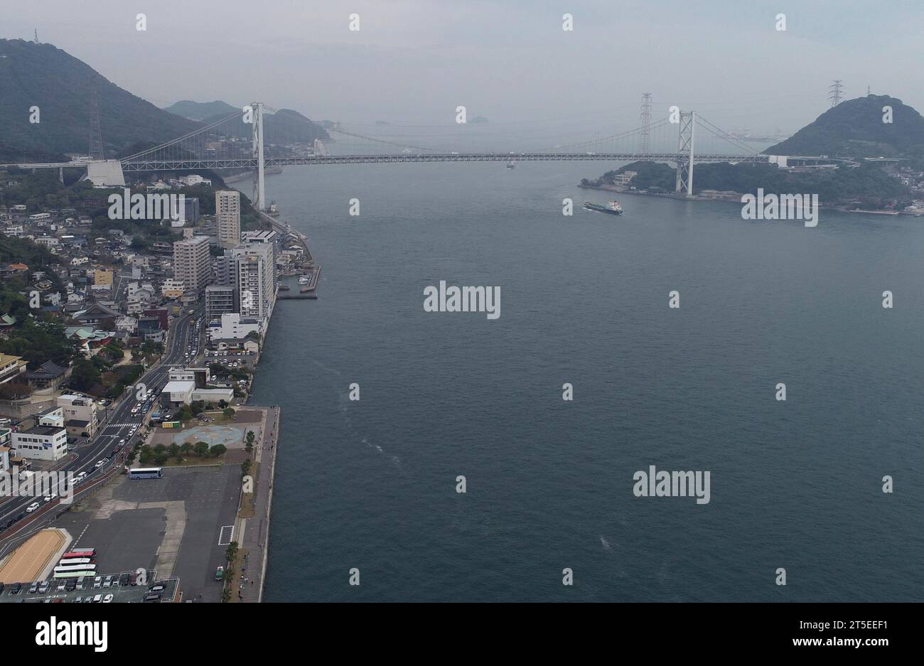 A picture shows the Kanmon Straits and the Kanmon Bridge connecting ...