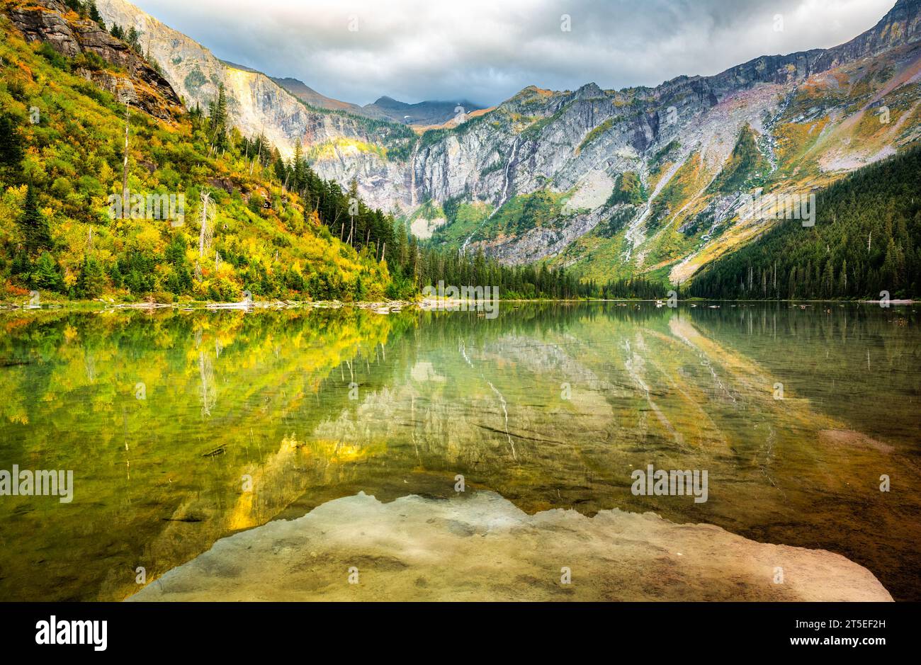Avalanche Lake cliffs, basin, lake and waterfall in Glacier National ...